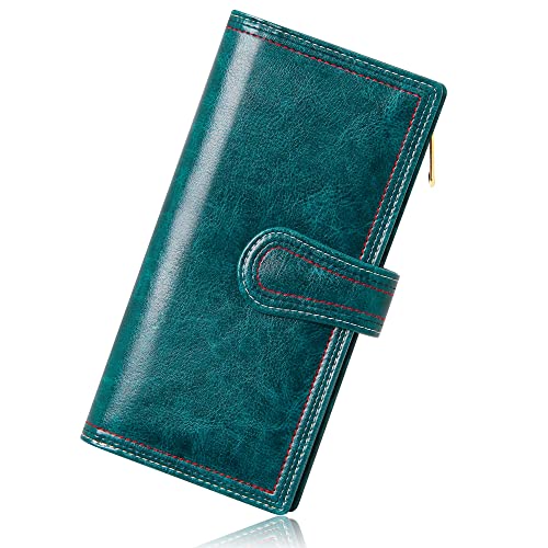 CILLA Womens Leather Wallet Large Capacity Bifold Ladies Zipper Clutch Credit Card Holder With Coin Pouch Oil Wax Design (Turquoise Green)