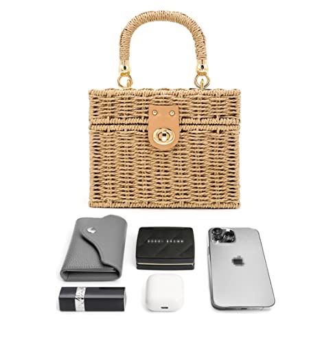 Handwoven Rattan Bag for women-Wicker Woven Square Crossbody vintage Chic Casual Beach Boho Tote Bag Straw Bag(no pendant)