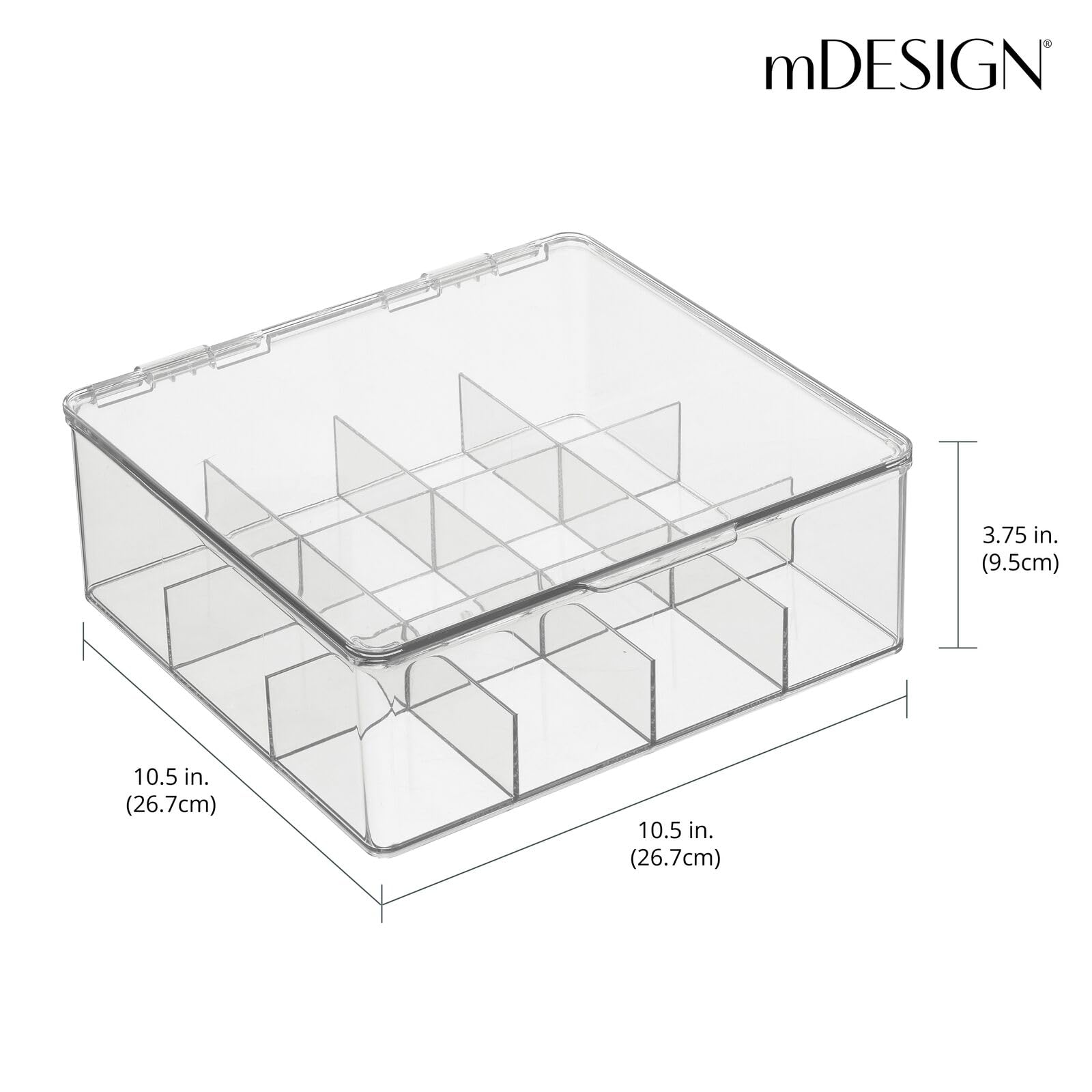 mDesign Plastic Tea Bag Divided Storage Organizer Container Box with Hinge Lid for Kitchen Cabinet, Countertop, Pantry, Hold Coffee Pods, Seasoning Packets, Condiments, 8 Sections, Clear