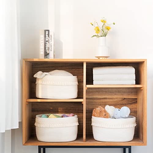 Mkono 3 Pack Storage Baskets Bins for Shelves Boho Toys Organizer Decor Small White Woven Cotton Rope Basket with Macrame Tassels Books Towel Storage for Bedroom Nursery Living Room, 13" x 8.6" x 7.8"
