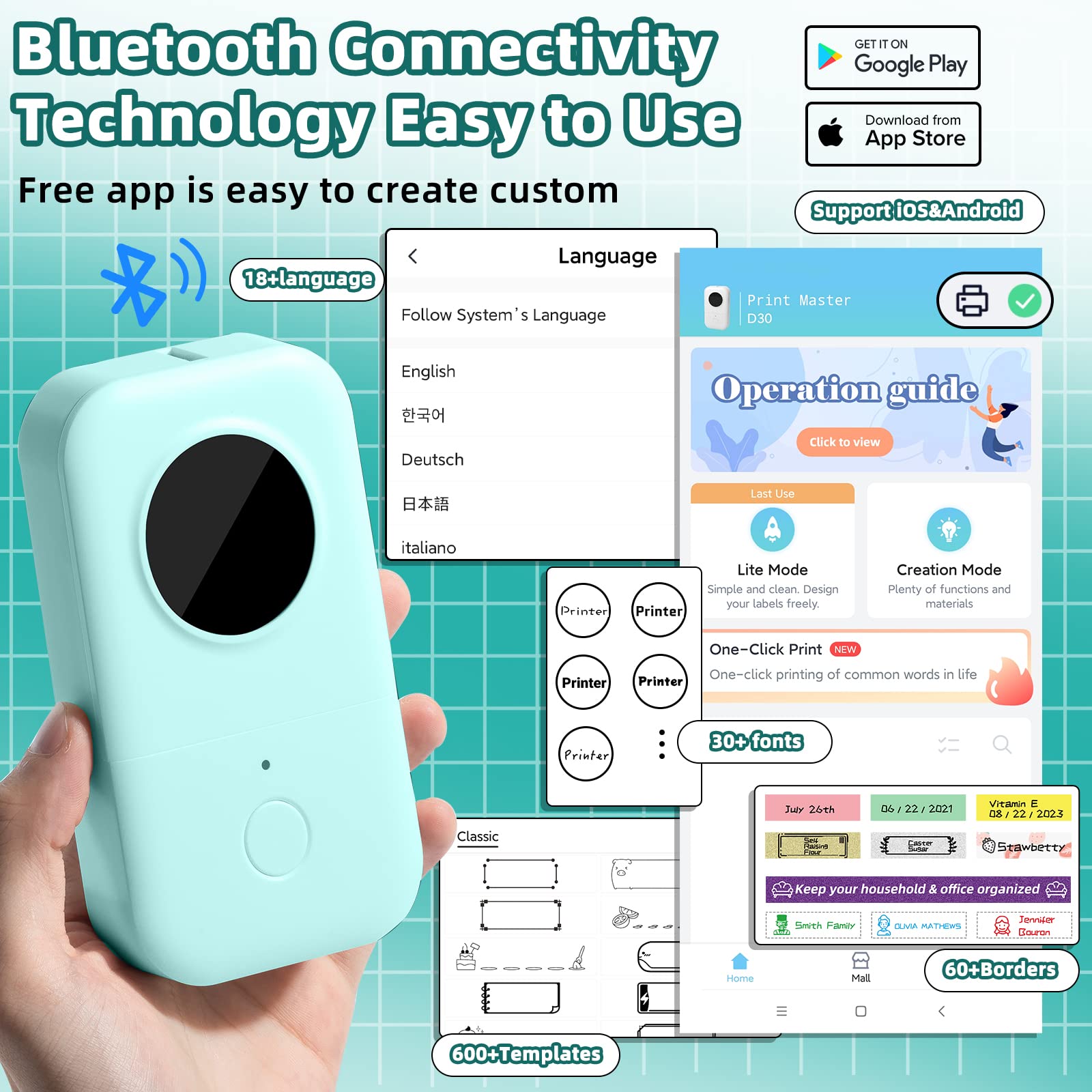 Phomemo Label Maker Machine with Tape, D30 Portable Bluetooth Label Printer for Storage, Barcode, Mailing, Office, Home, Organizing, Mini Sticker Make with Multiple Templates,with 3 Rolls,Green