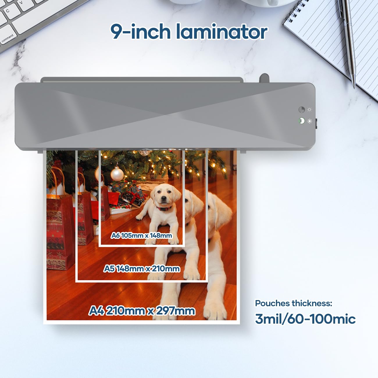 Laminator, 9 Inch A4 Thermal Laminator Machine with Laminating Sheets 9pcs & Paper Trimmer, 4 in 1 Hot & Cold Personal Lamination Kit for Home Office School Use, Fast Warm-Up & Quiet, Never Jam