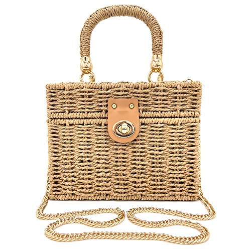 Handwoven Rattan Bag for women-Wicker Woven Square Crossbody vintage Chic Casual Beach Boho Tote Bag Straw Bag(no pendant)