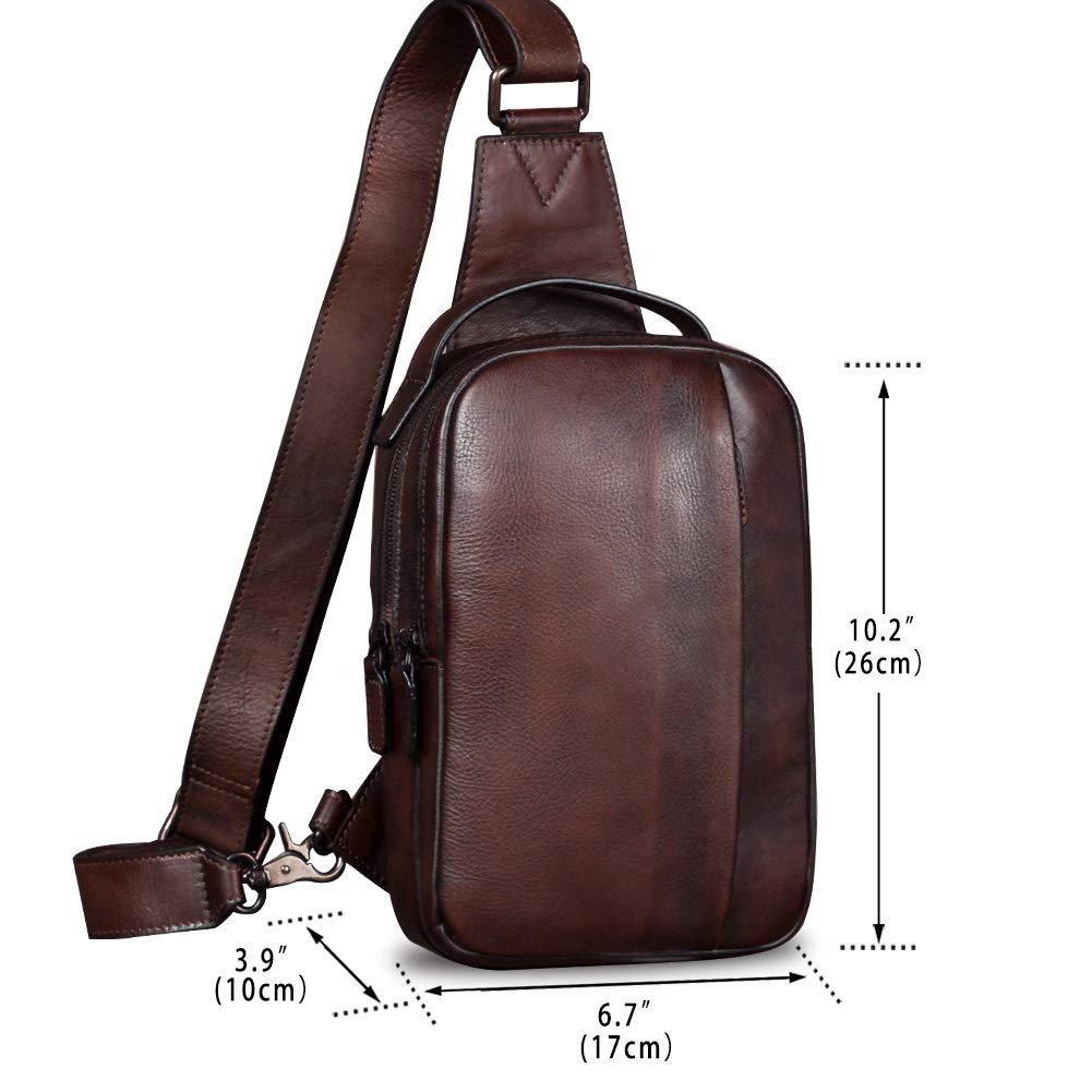 Genuine Leather Sling Bag for Men Crossbody Casual Hiking Daypack Vintage Handmade Chest Shoulder Backpack (Brown)