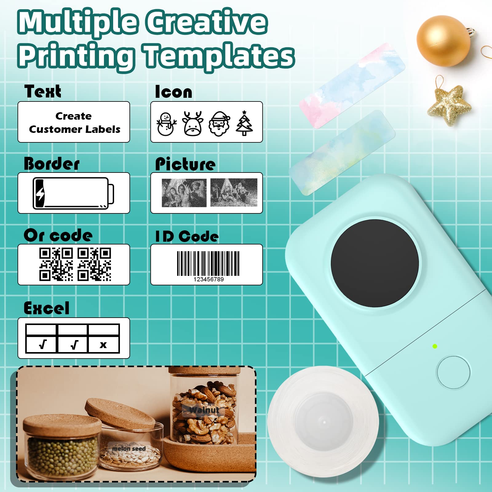 Phomemo Label Maker Machine with Tape, D30 Portable Bluetooth Label Printer for Storage, Barcode, Mailing, Office, Home, Organizing, Mini Sticker Make with Multiple Templates,with 3 Rolls,Green