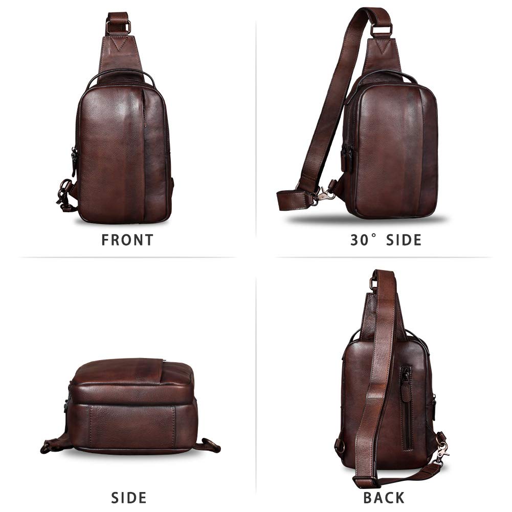 Genuine Leather Sling Bag for Men Crossbody Casual Hiking Daypack Vintage Handmade Chest Shoulder Backpack (Brown)