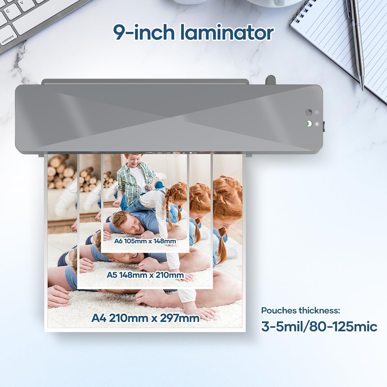 Laminator, 9 Inch A4 Thermal Laminator Machine with Laminating Sheets 9pcs & Paper Trimmer, 4 in 1 Hot & Cold Personal Lamination Kit for Home Office School Use, Fast Warm-Up & Quiet, Never Jam
