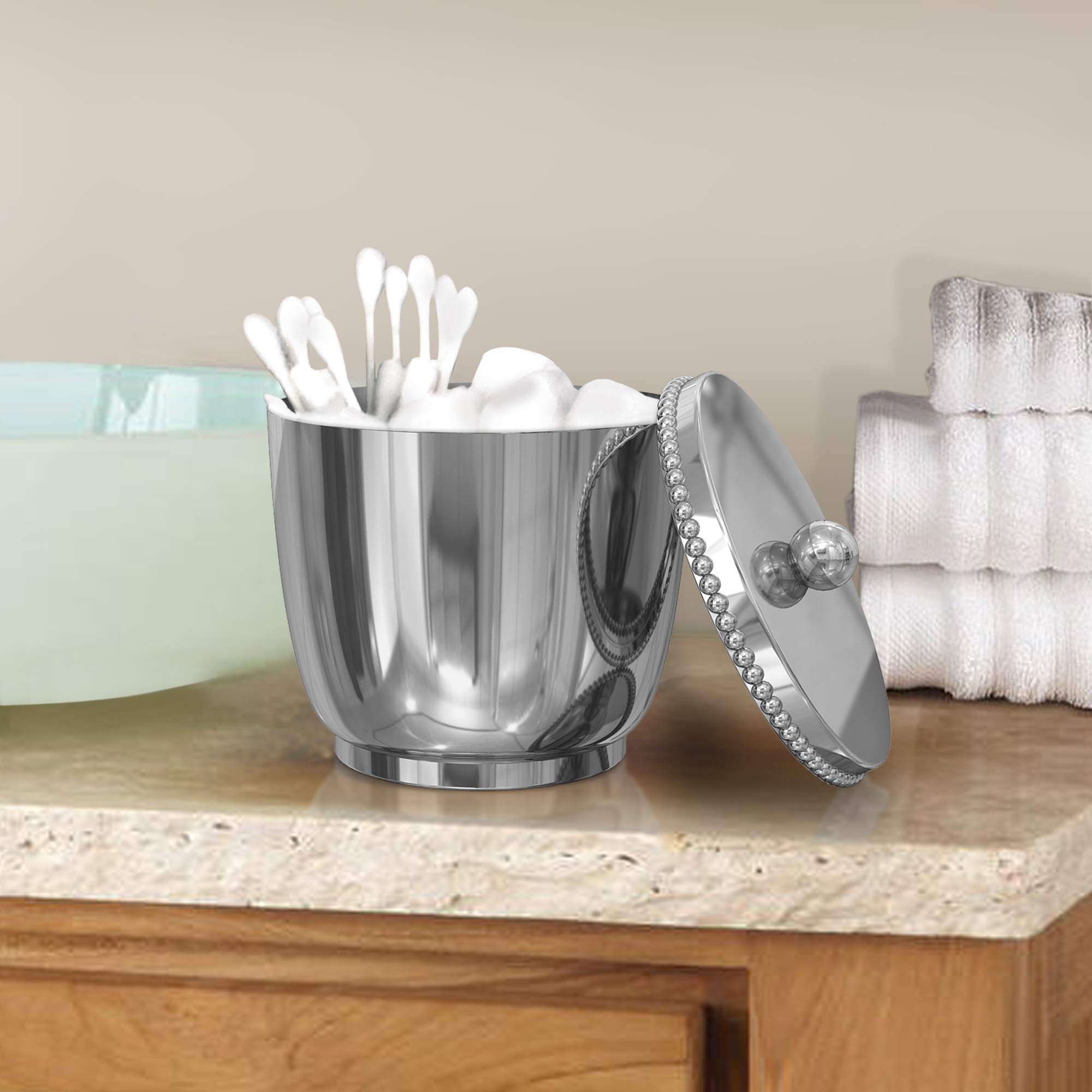 nu steel 18/8 Stainless Steel Chic Collection Beaded Q-tip Dispenser for Bathroom, Vanity Storage Organiser, Canister Jar Swabs, Cotton Balls, Shiny Finish, Clear
