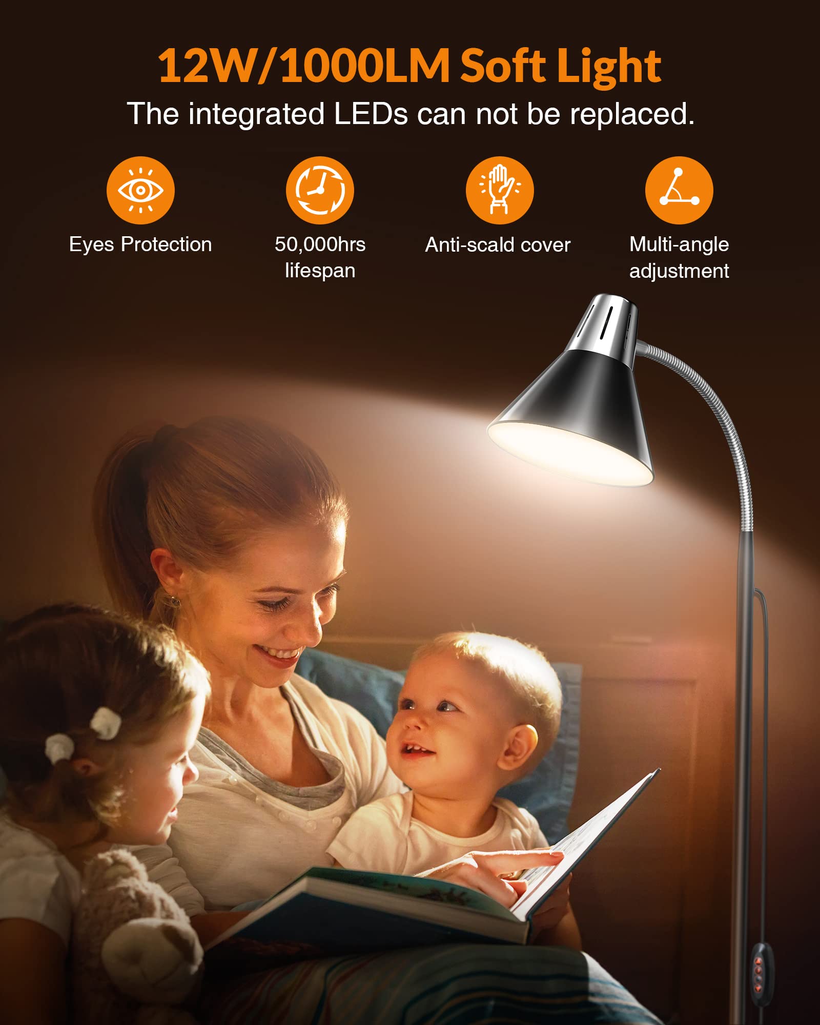 LEPOWER LED Floor Lamp, Reading Standing Lamps with Adjustable 5 Brightness Levels and 5 Colors, Dimmable Gooseneck Floor Lamp for Living Room, Bedroom, Office, Black