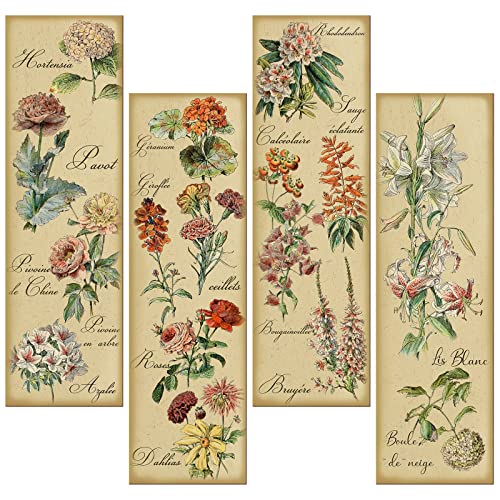 4 Pcs Wood Vintage Flowers Wall Decor Wildflower Wall Art Cottagecore Plant Floral Wall Decor Rustic Botanical Fleurs Hanging Decorations for Bedroom Room Aesthetic Decors Frame, 15.8 x 4.7 Inch