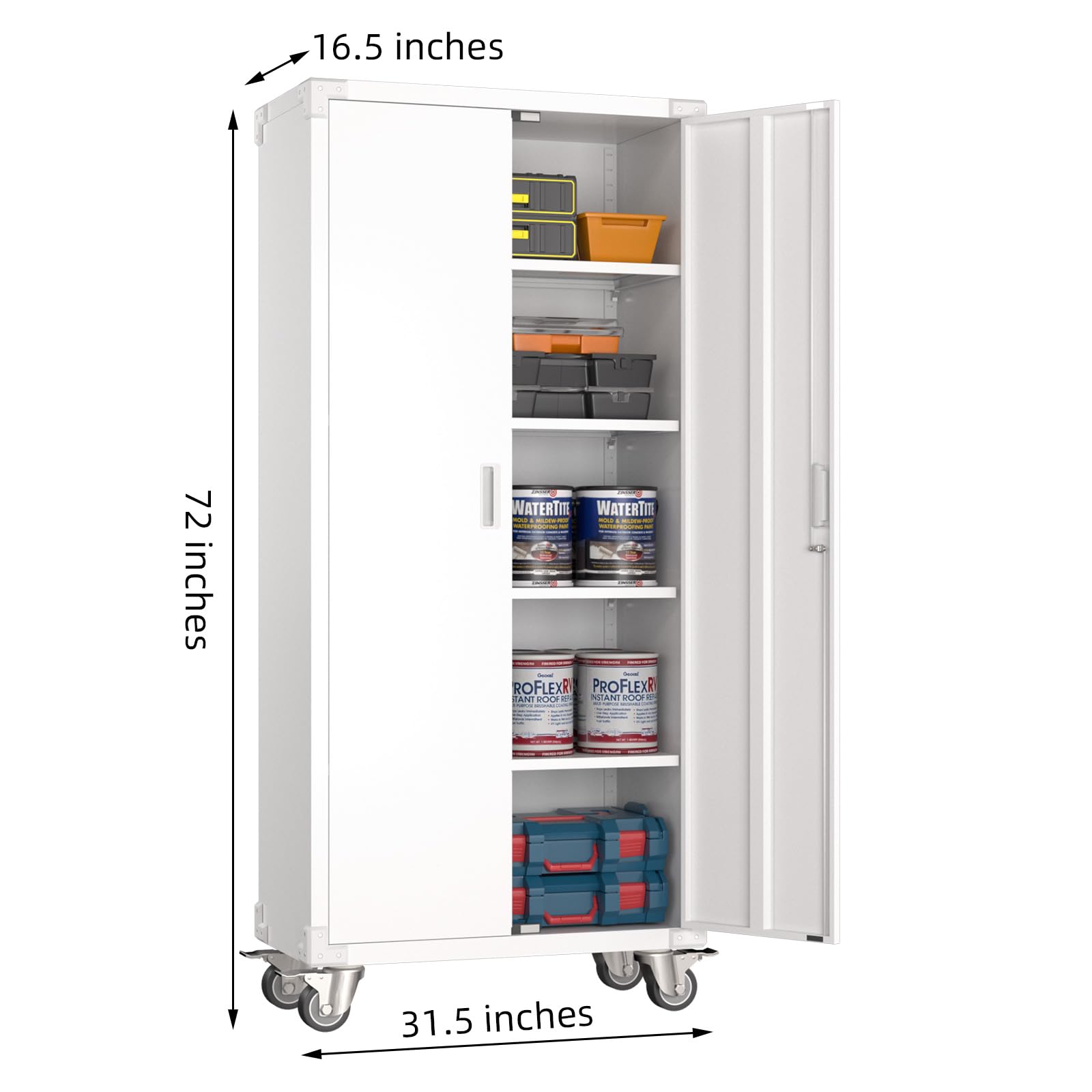 Aobabo Metal Storage Cabinet with Wheels,Heavy Duty Office Storage Cabinet with Lock,Steel Cabinet with 2 Doors and 4 Adjustable Shelves for Office Home School Storage,Required-Assembly White