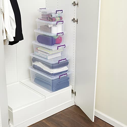 Home Basics Plastic Storage Box with Locking Lid, Clear | Durable Latches for Secure Closure | Purple Handles (10 liter)