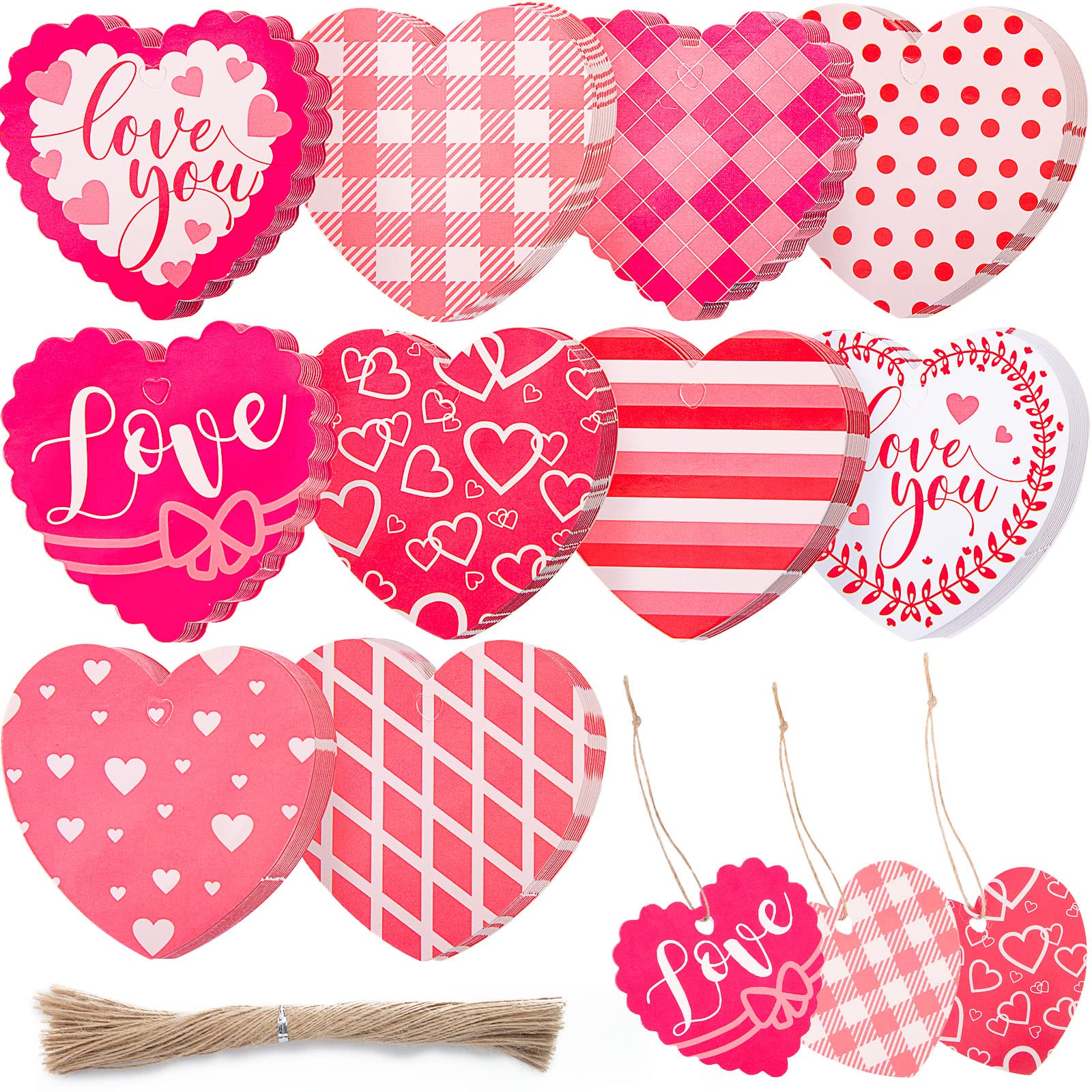 STARRKY 120PCS Heart Shaped Gift Tags, Valentine Gift Tags Hanging Paper Label with Twine for Valentine's Day Wedding Party Gift Wrapping DIY Crafts Decoration