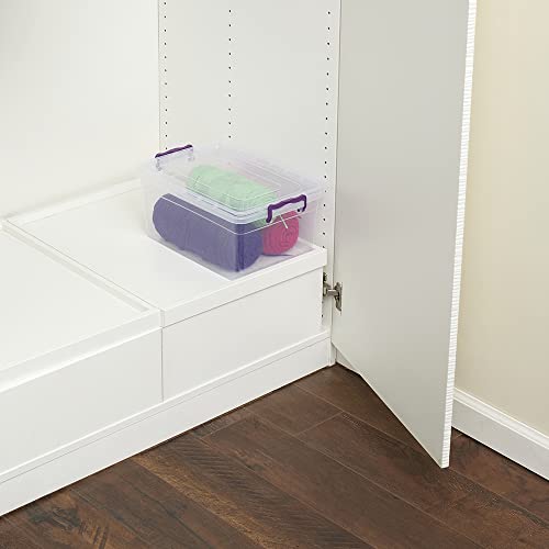 Home Basics Plastic Storage Box with Locking Lid, Clear | Durable Latches for Secure Closure | Purple Handles (10 liter)