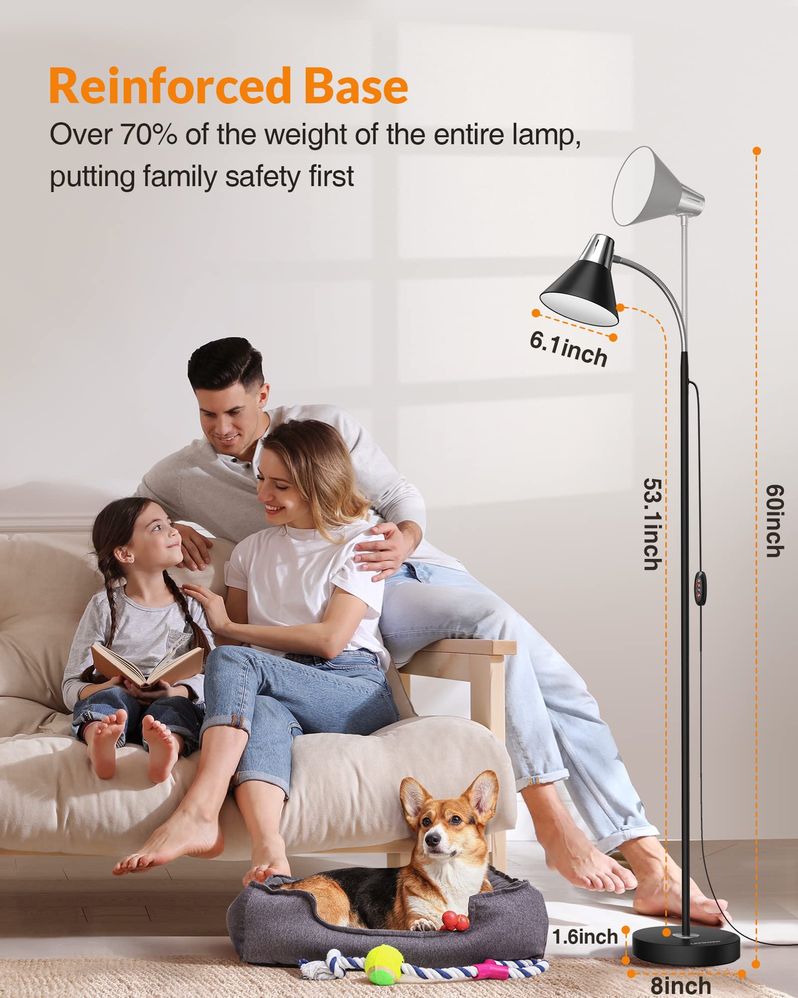 LEPOWER LED Floor Lamp, Reading Standing Lamps with Adjustable 5 Brightness Levels and 5 Colors, Dimmable Gooseneck Floor Lamp for Living Room, Bedroom, Office, Black