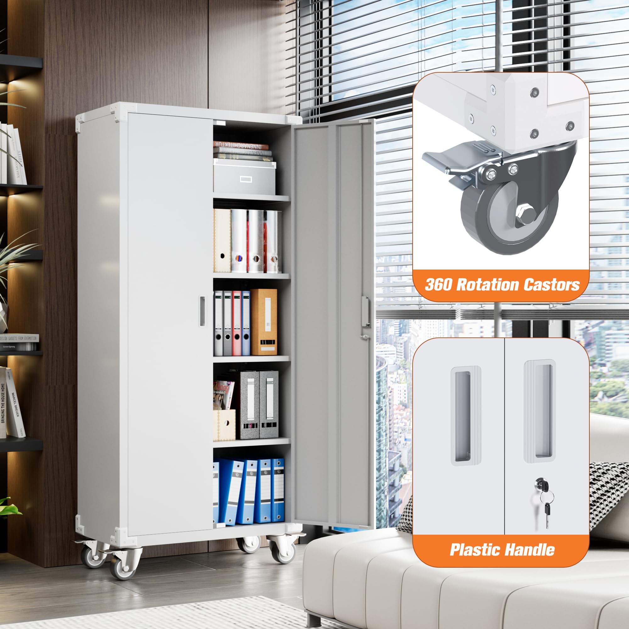 Aobabo Metal Storage Cabinet with Wheels,Heavy Duty Office Storage Cabinet with Lock,Steel Cabinet with 2 Doors and 4 Adjustable Shelves for Office Home School Storage,Required-Assembly White