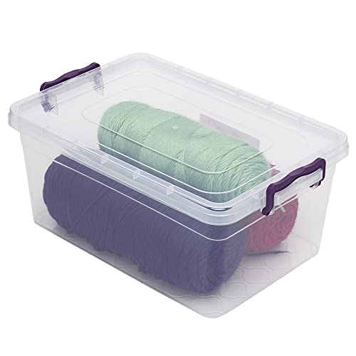Home Basics Plastic Storage Box with Locking Lid, Clear | Durable Latches for Secure Closure | Purple Handles (10 liter)