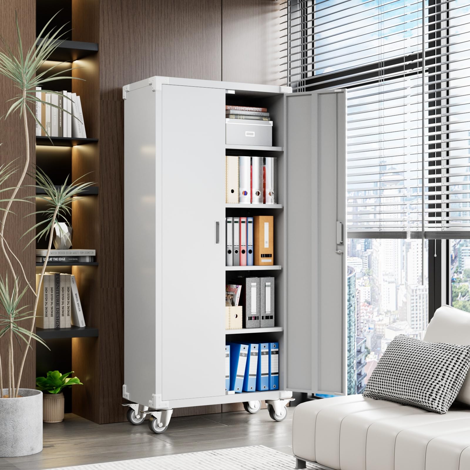 Aobabo Metal Storage Cabinet with Wheels,Heavy Duty Office Storage Cabinet with Lock,Steel Cabinet with 2 Doors and 4 Adjustable Shelves for Office Home School Storage,Required-Assembly White