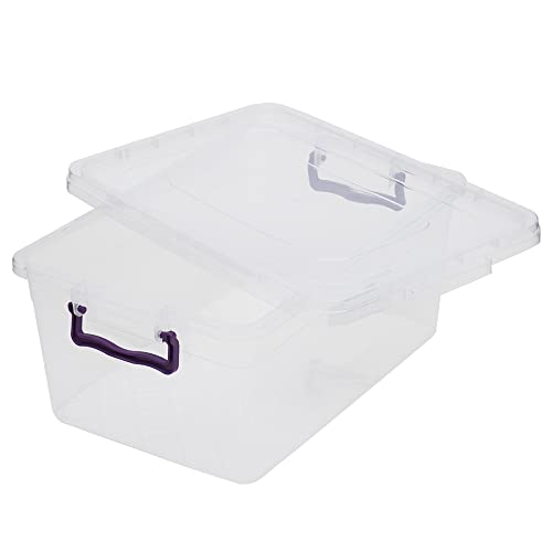 Home Basics Plastic Storage Box with Locking Lid, Clear | Durable Latches for Secure Closure | Purple Handles (10 liter)