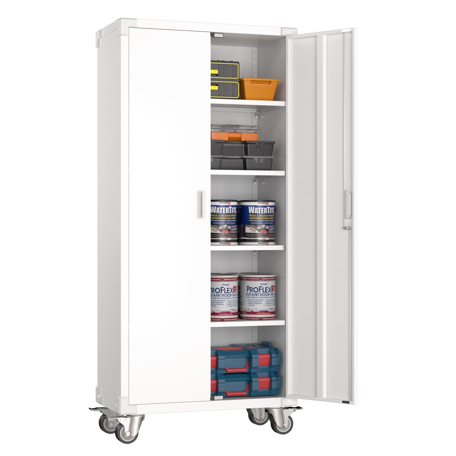 Aobabo Metal Storage Cabinet with Wheels,Heavy Duty Office Storage Cabinet with Lock,Steel Cabinet with 2 Doors and 4 Adjustable Shelves for Office Home School Storage,Required-Assembly White