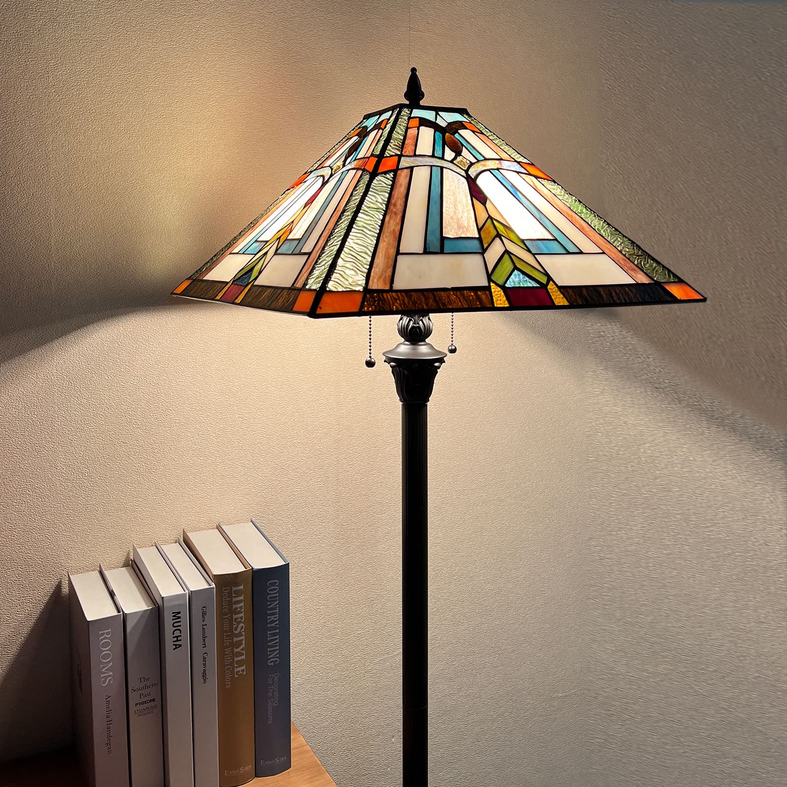 Thatyears Tiffany Floor Lamp 2-Light 16" Wide Mission Antique Style Stained Glass Lampshade for Living Room Bedroom