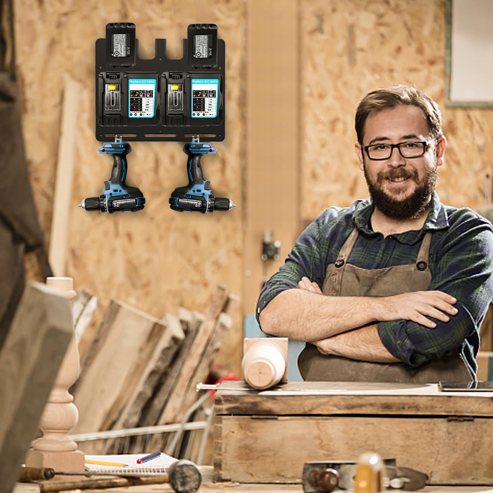 Riuog Wall Mount for Makita Battery Holders and Chargers Wall Mount, Stable 4 Piece Battery Holder 18V 14.4V and Charger Holder and Cordless Drill Driver, Order in Workshop and Garage