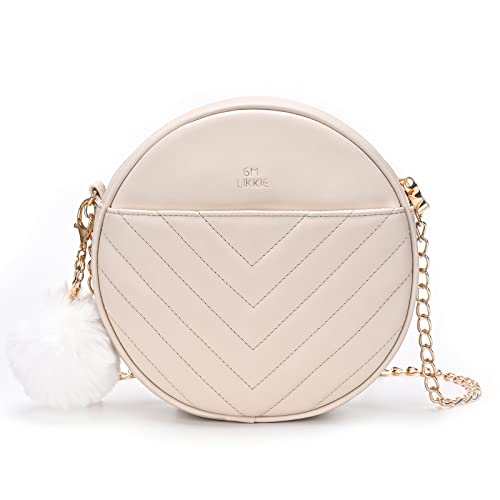 GM LIKKIE Round Crossbody Purse for Women, Circle Quilted Clutch Bag, Small PU Leather Evening Shoulder Handbag (Beige)