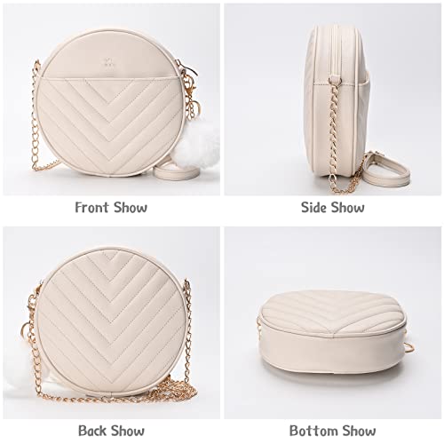 GM LIKKIE Round Crossbody Purse for Women, Circle Quilted Clutch Bag, Small PU Leather Evening Shoulder Handbag (Beige)