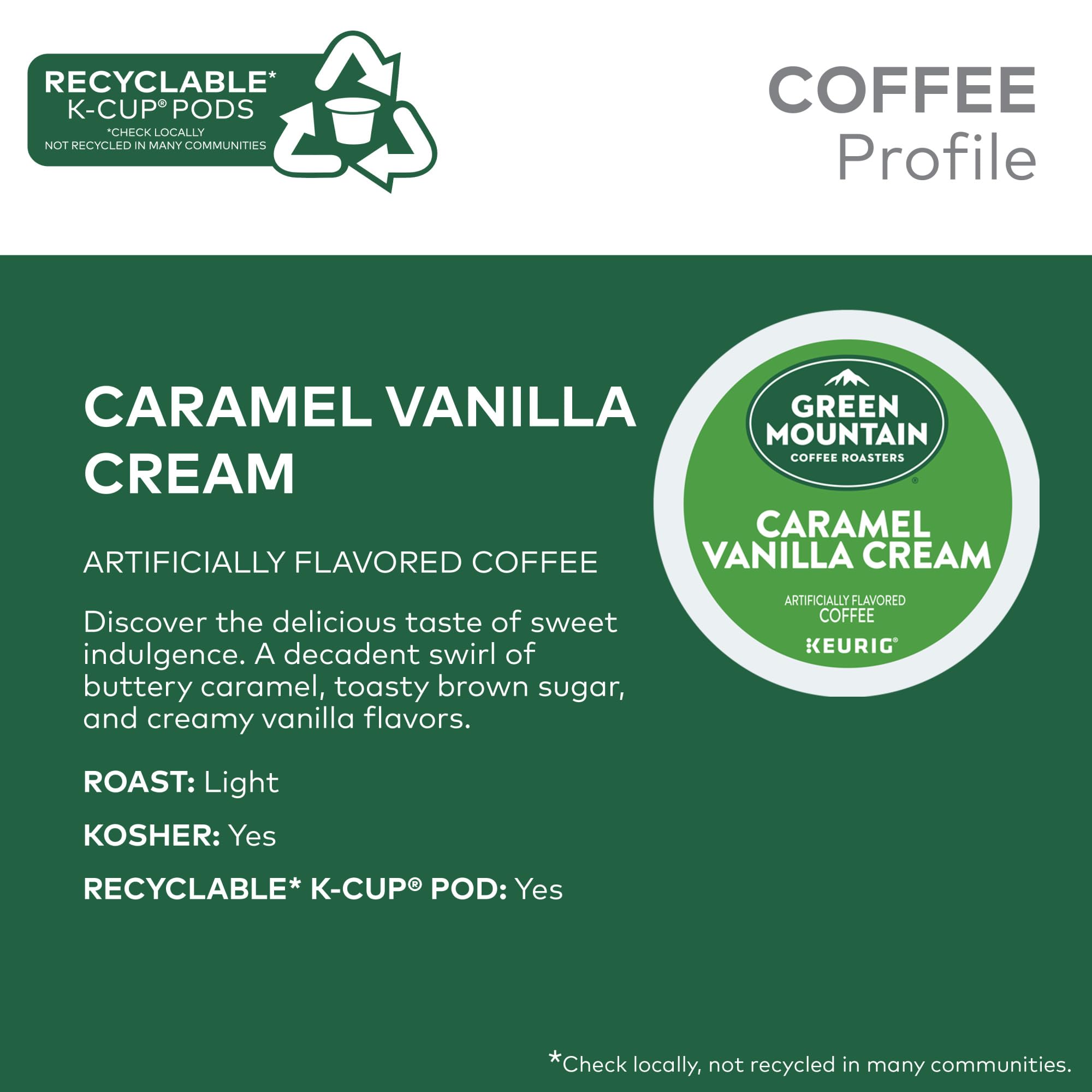 Green Mountain Coffee Roasters Caramel Vanilla Cream, Single-Serve Keurig K-Cup Pods, Flavored Light Roast Coffee, 12 Count (Pack of 6)