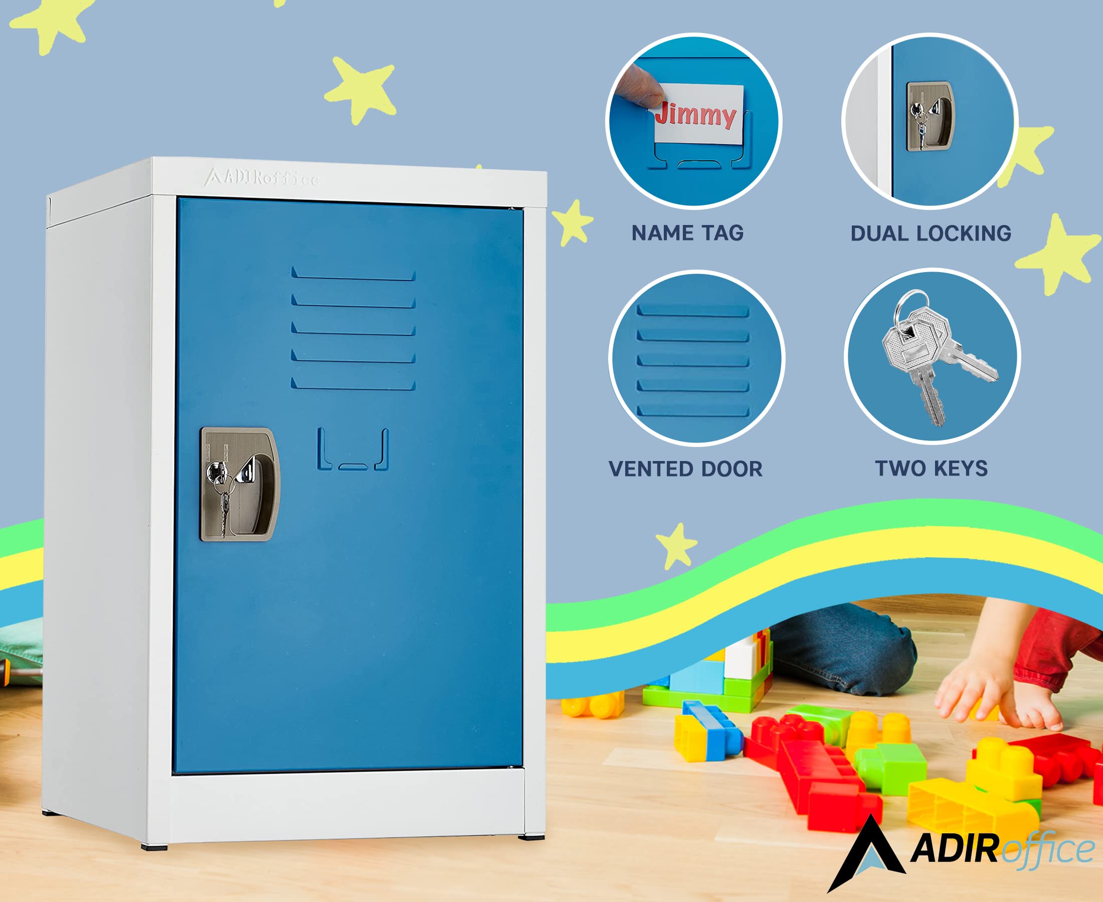 AdirOffice Kids Steel Metal Storage Locker - for Home & School - with Key & Hanging Rods (24 in 1 Door, Blue)