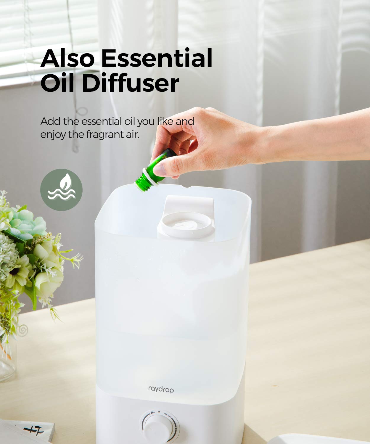 raydrop Cool Mist Humidifier Diffuser, 2.5L Essential Oil Diffuser, Top Fill Humidifier for Bedroom, Home and Office, Baby Humidifier with Adjustable Mist Output, Dial Knob, Auto Shut Off (White)