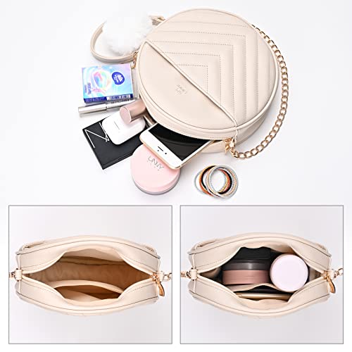GM LIKKIE Round Crossbody Purse for Women, Circle Quilted Clutch Bag, Small PU Leather Evening Shoulder Handbag (Beige)