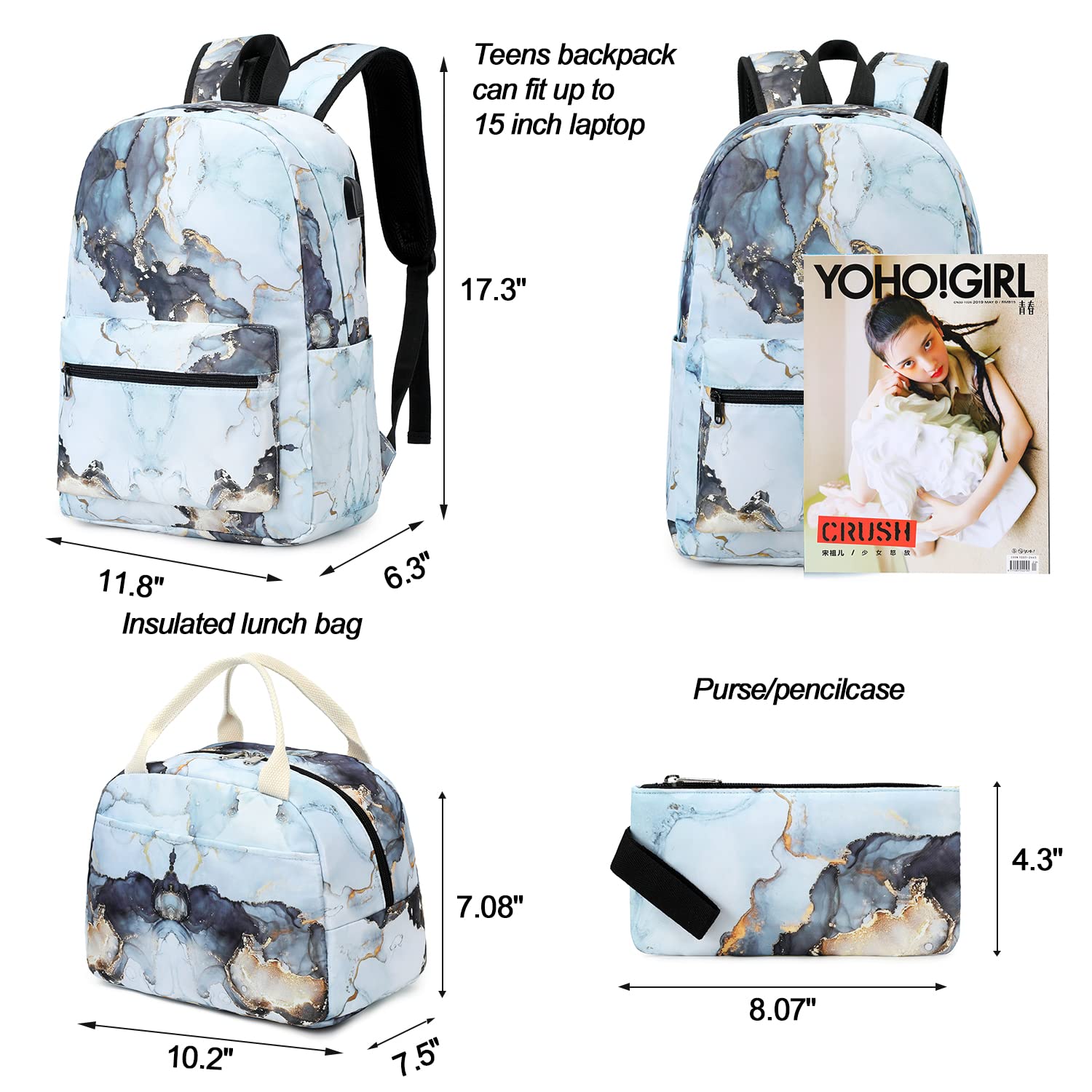 Girls School Backpack Marble Schoolbag Laptop Bookbag Insulated Lunch Tote Bag Purse Teens Boys Kids (Marble 23- Blue 3 piece)