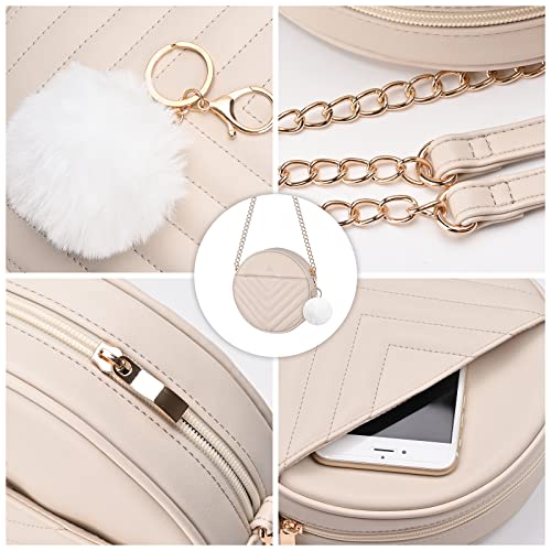 GM LIKKIE Round Crossbody Purse for Women, Circle Quilted Clutch Bag, Small PU Leather Evening Shoulder Handbag (Beige)