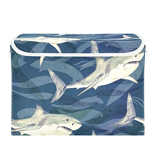 DOMIKING Shark Ocean Collapsible Rectangular Storage Bins with Lids Decorative Lidded Basket for Toys Organizers Fabric Storage Boxes with Handles for Home Toys Organizers Clothes and Books