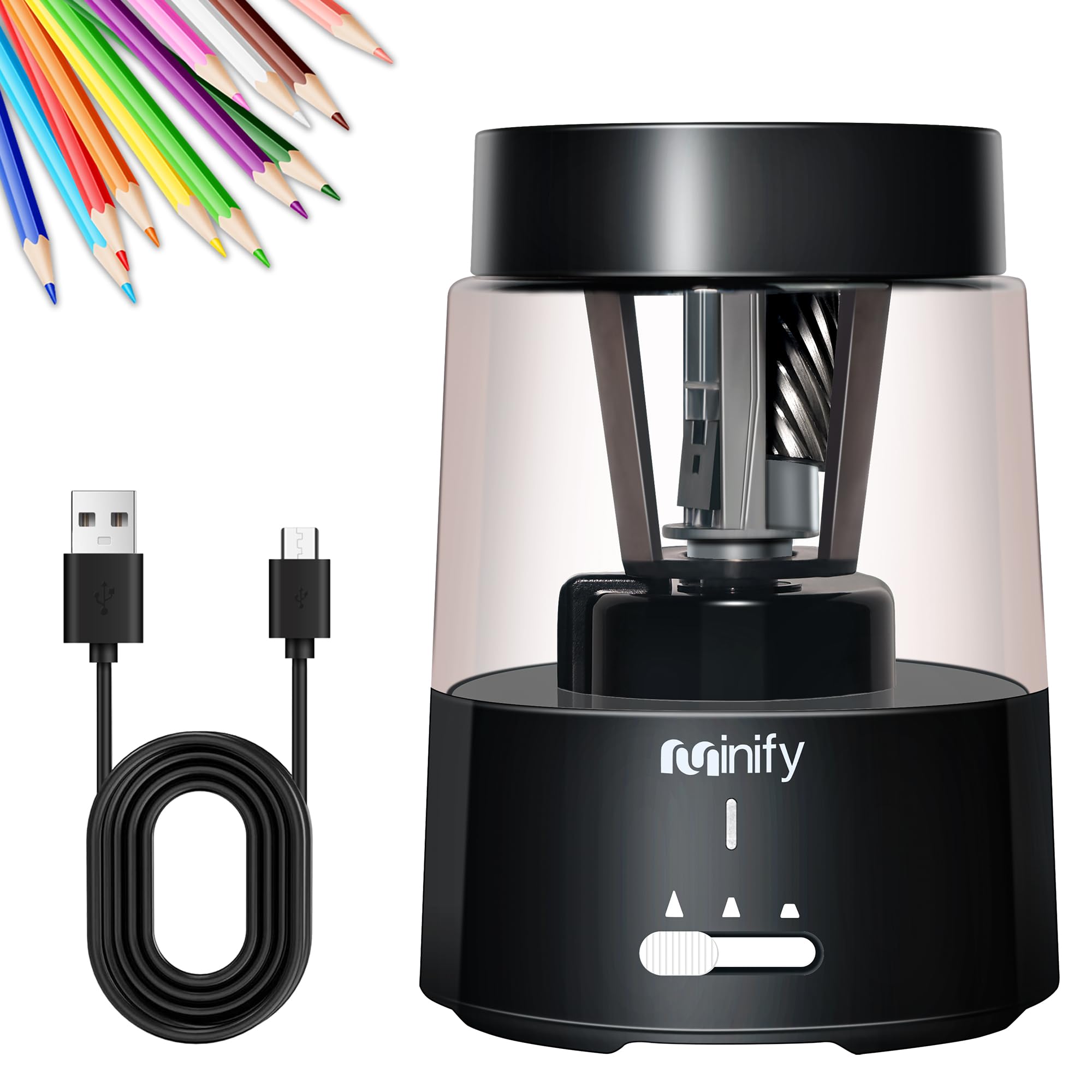 Pencil Sharpener Minify Electric Pencil Sharpener Heavy Duty Blade Rechargeable Battery Powered Pencil Sharpeners for 6-8mm Colored Pencils Auto Stop Fast Sharpen in 3s Ideal for Office/School/Home