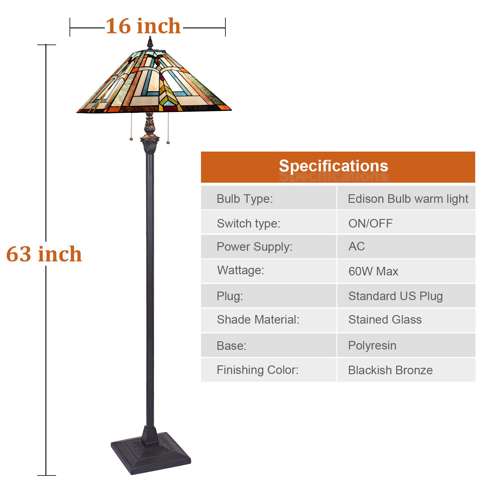 Thatyears Tiffany Floor Lamp 2-Light 16" Wide Mission Antique Style Stained Glass Lampshade for Living Room Bedroom