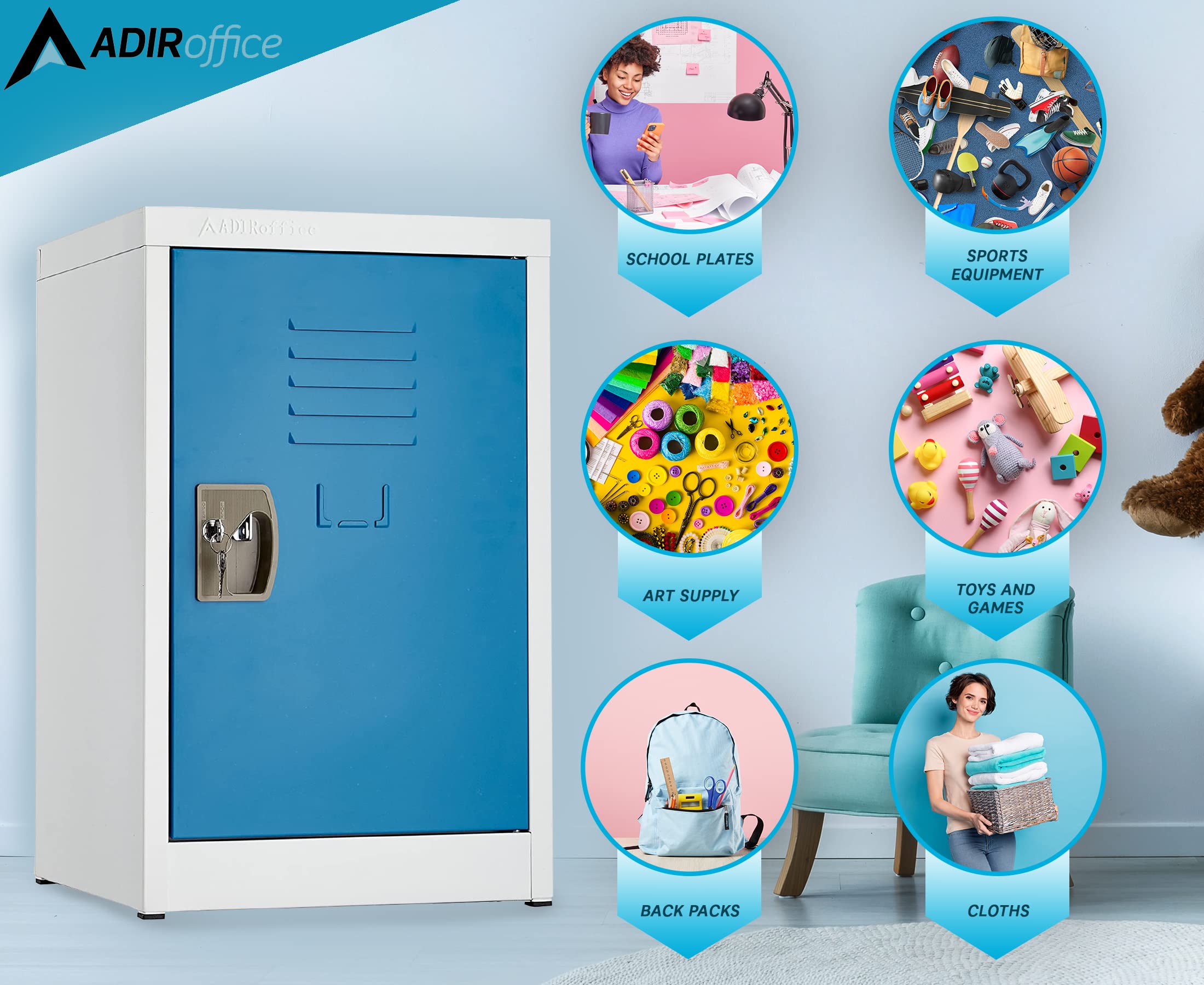 AdirOffice Kids Steel Metal Storage Locker - for Home & School - with Key & Hanging Rods (24 in 1 Door, Blue)