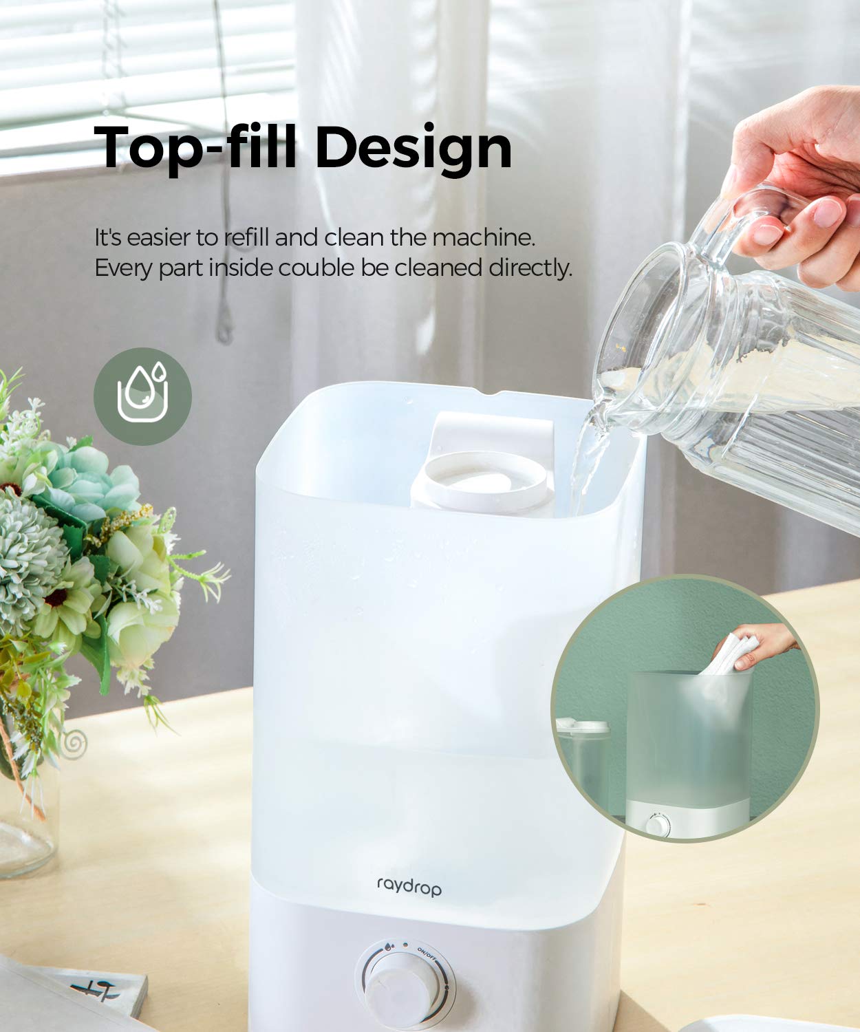 raydrop Cool Mist Humidifier Diffuser, 2.5L Essential Oil Diffuser, Top Fill Humidifier for Bedroom, Home and Office, Baby Humidifier with Adjustable Mist Output, Dial Knob, Auto Shut Off (White)