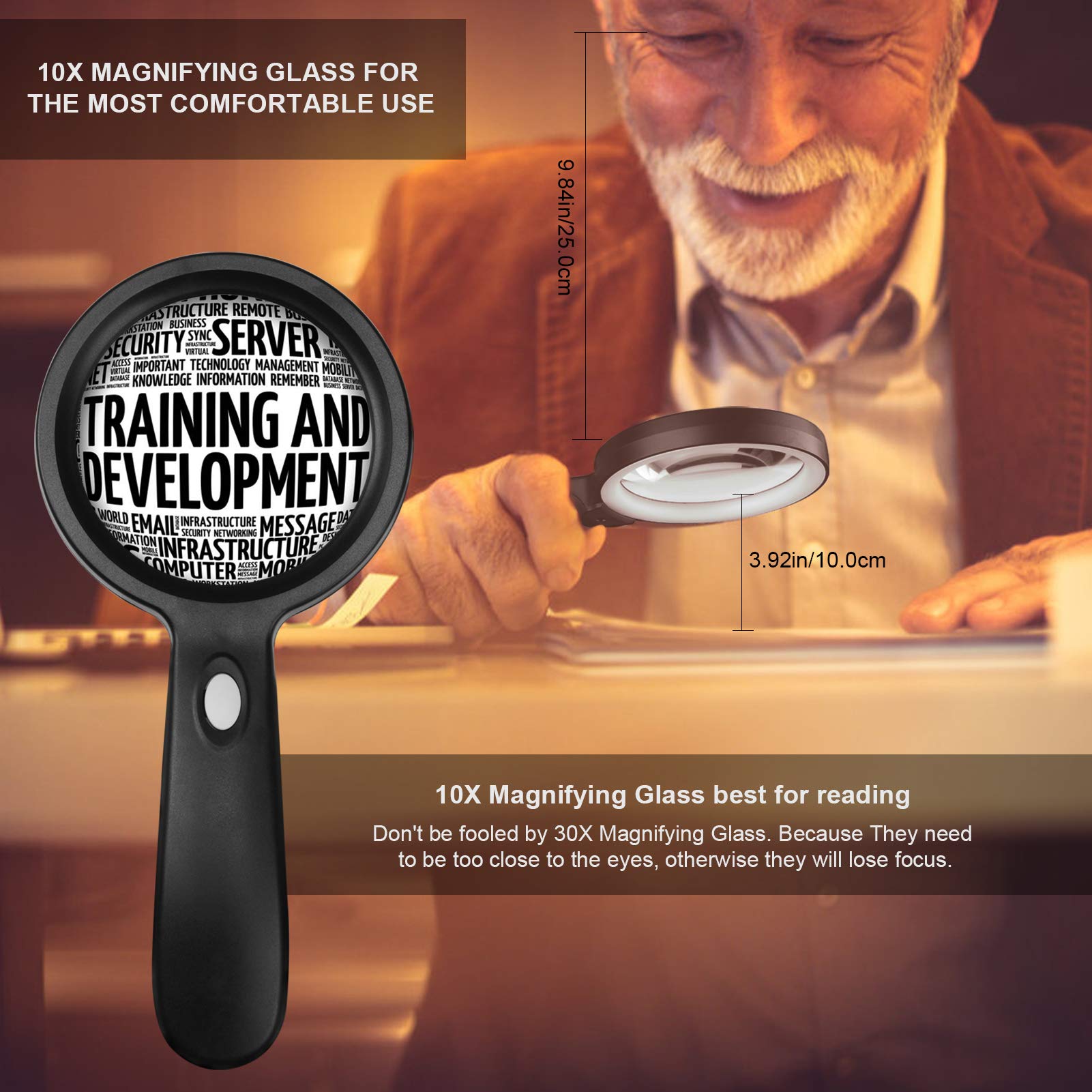 Magnifying Glass with Light, 10X Handheld Large Magnifying Glass 12 LED Illuminated Lighted Magnifier for Macular Degeneration, Seniors Reading, Soldering, Inspection, Coins, Jewelry, Exploring