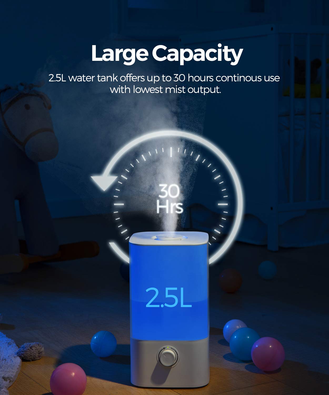 raydrop Cool Mist Humidifier Diffuser, 2.5L Essential Oil Diffuser, Top Fill Humidifier for Bedroom, Home and Office, Baby Humidifier with Adjustable Mist Output, Dial Knob, Auto Shut Off (White)