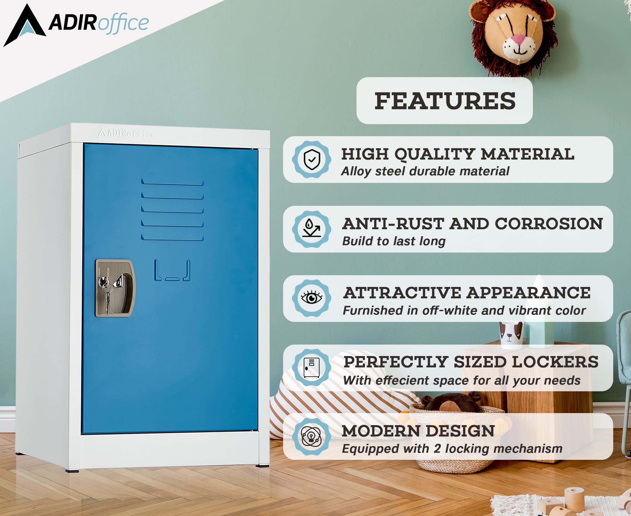 AdirOffice Kids Steel Metal Storage Locker - for Home & School - with Key & Hanging Rods (24 in 1 Door, Blue)