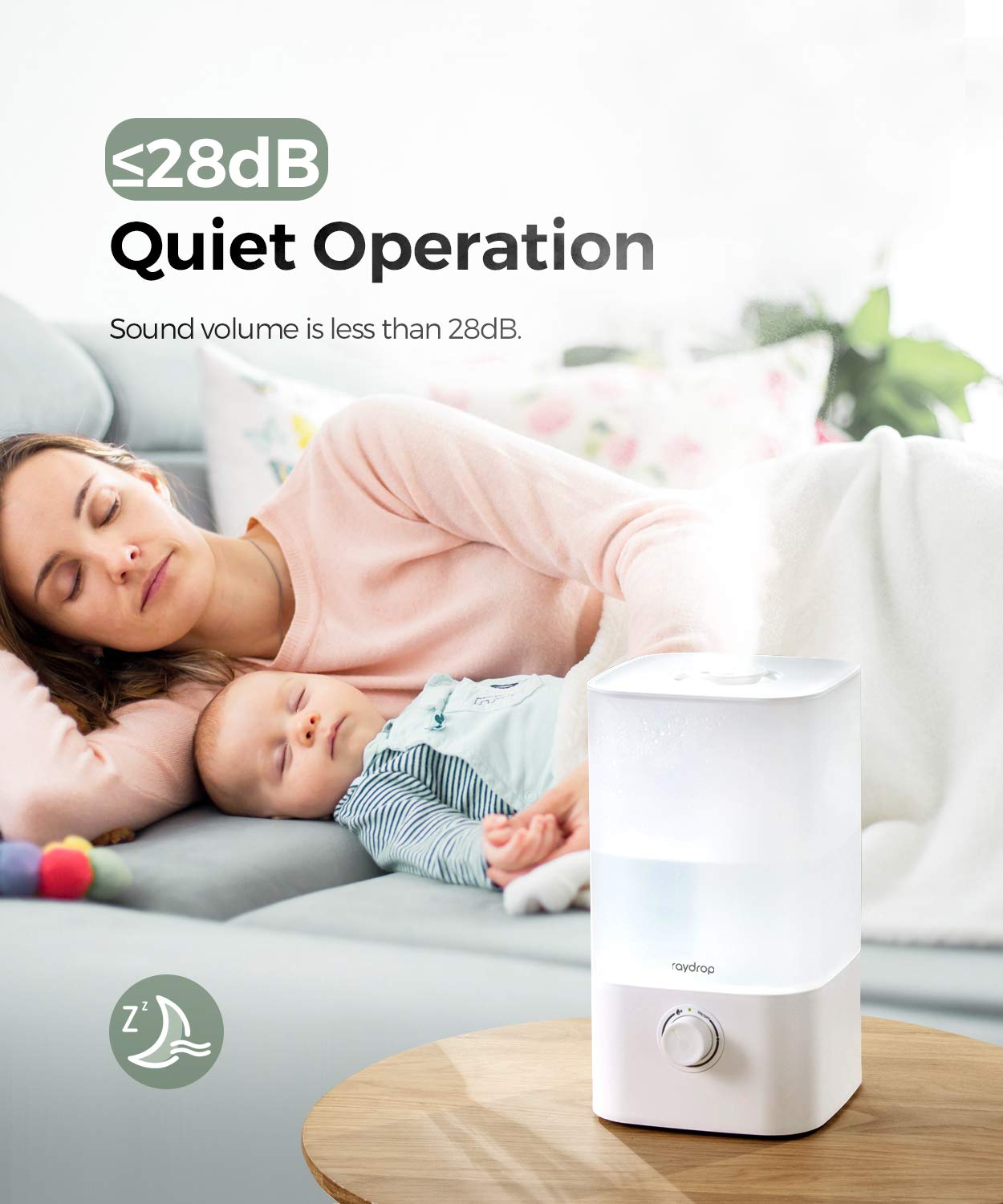raydrop Cool Mist Humidifier Diffuser, 2.5L Essential Oil Diffuser, Top Fill Humidifier for Bedroom, Home and Office, Baby Humidifier with Adjustable Mist Output, Dial Knob, Auto Shut Off (White)