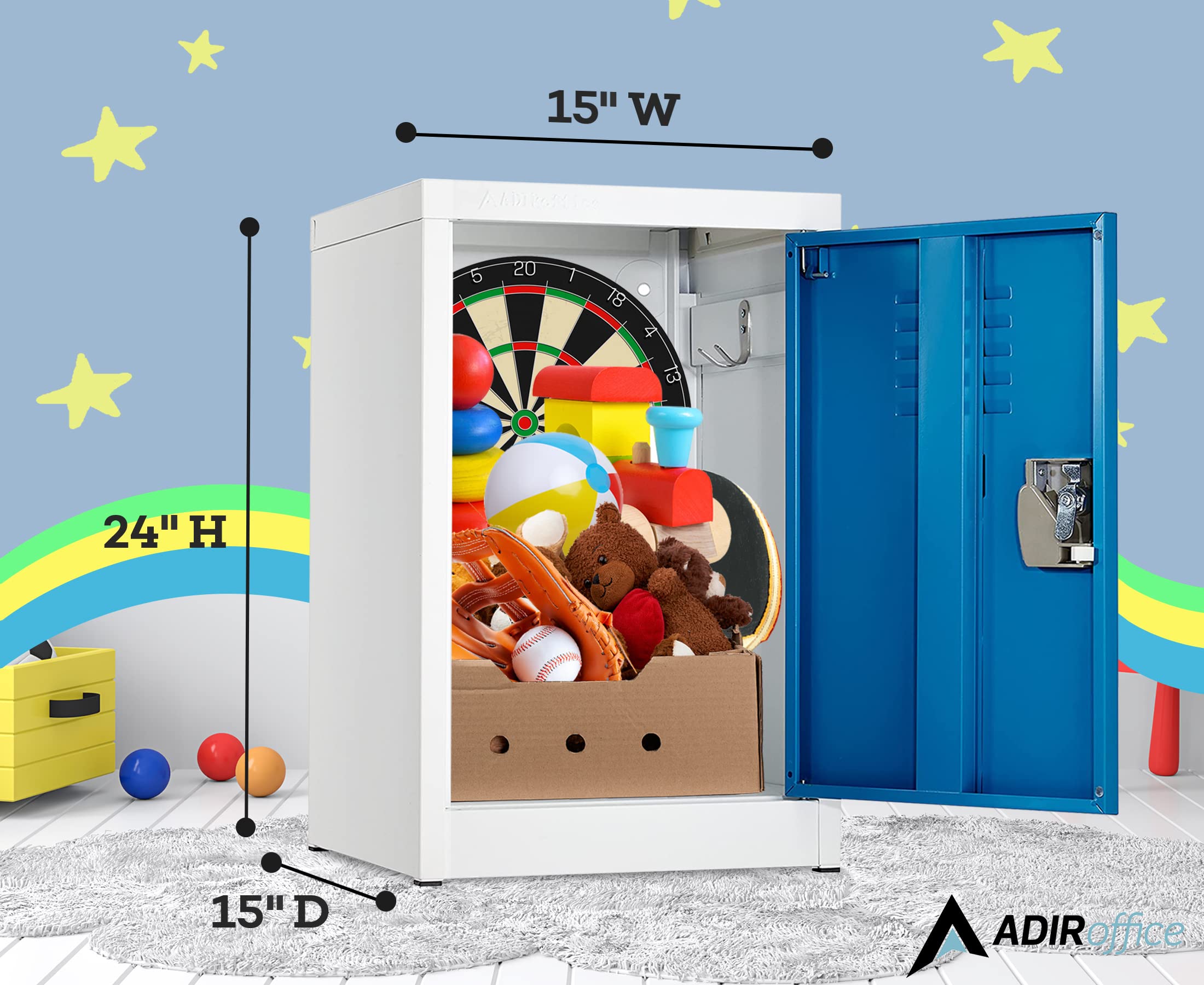 AdirOffice Kids Steel Metal Storage Locker - for Home & School - with Key & Hanging Rods (24 in 1 Door, Blue)