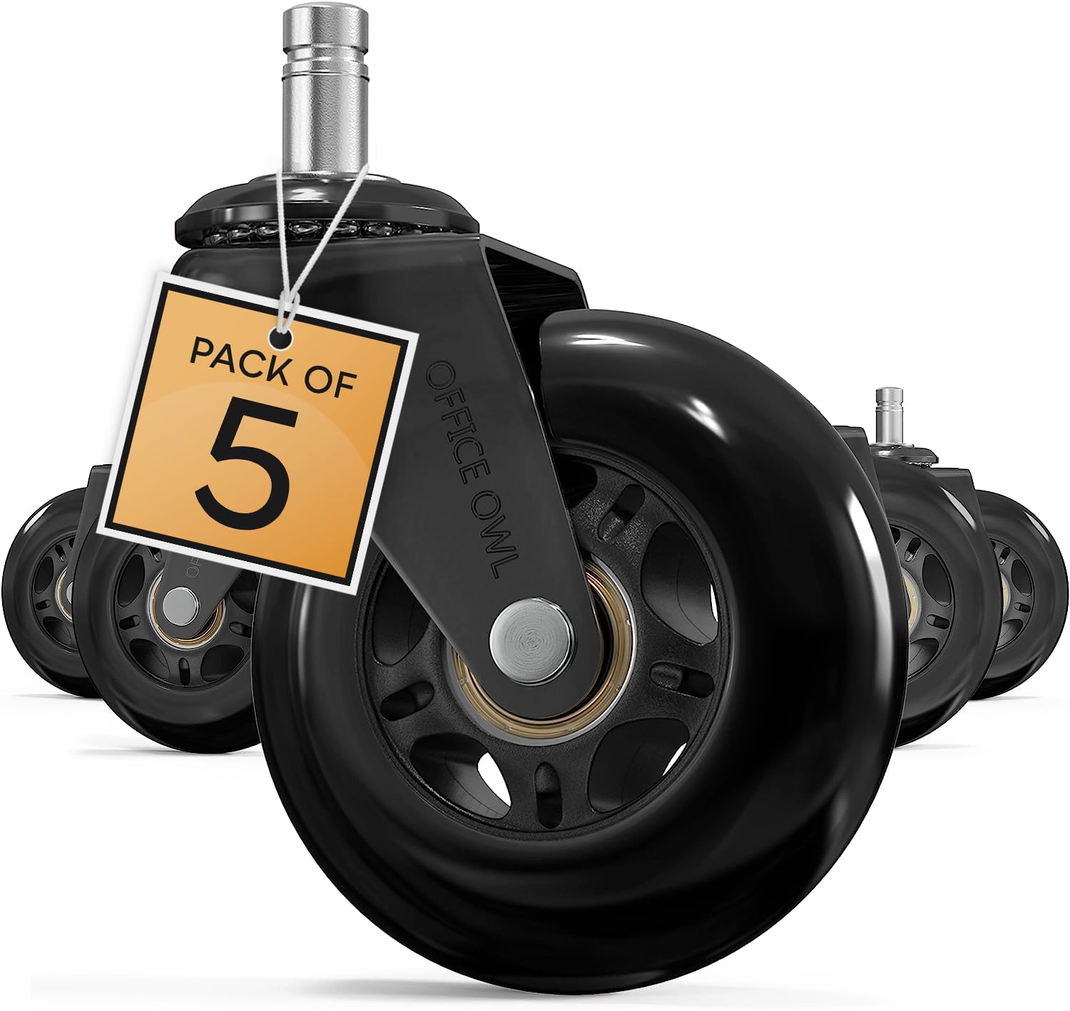 Office Owl Office Chair Wheels - Set of 5 Caster Wheels for Work, Desk and Gaming Chair - Replacement Wheel Set for Hardwood and Carpet Floors - Multifunctional Rollerblade Casters - Black