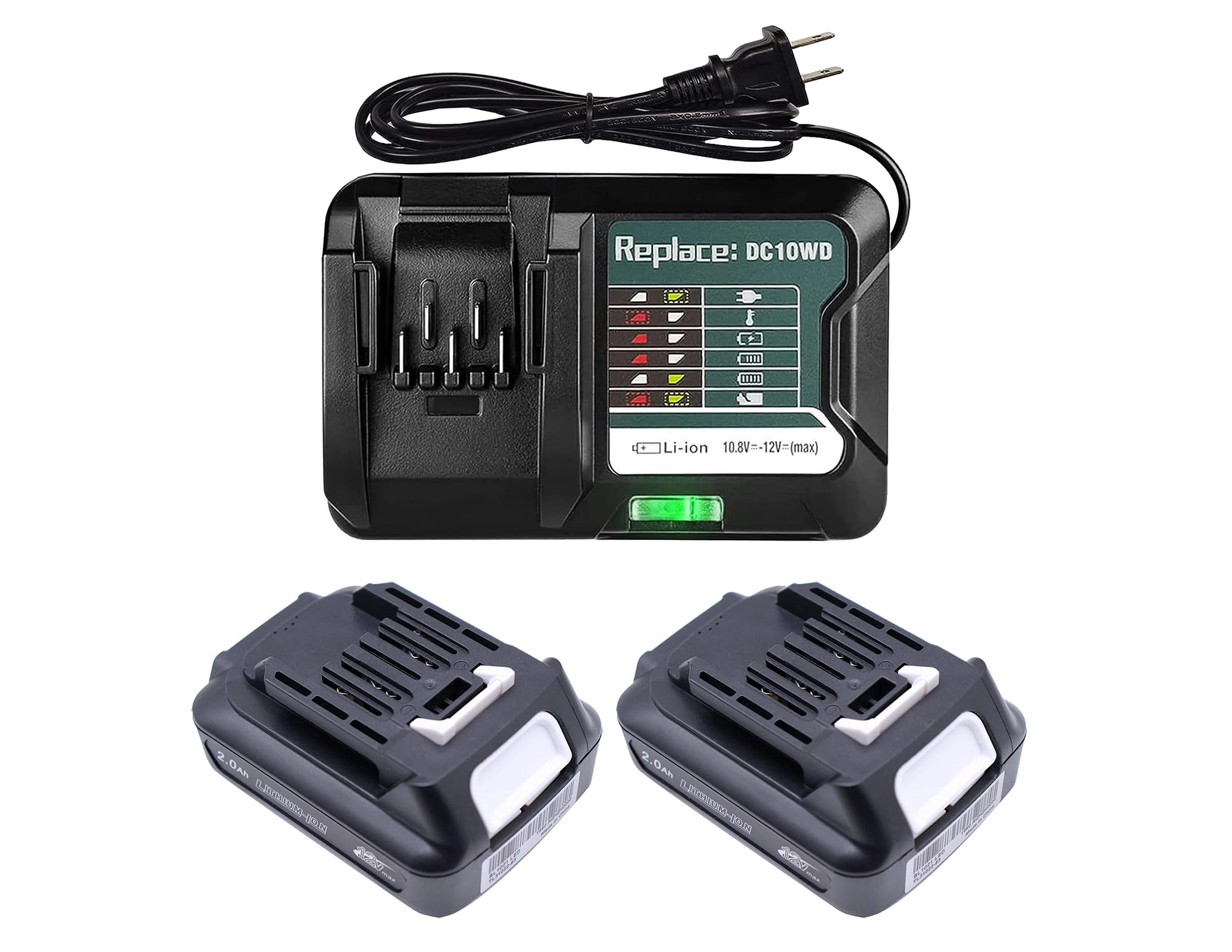 WeideBATT® 12V 2000mAh BL1021B Battery 2-Pack and DC10WD Charger for BL1016 BL1015 BL1020B BL1041B for Makita Tool DF031D DF0331D TD110D JR103D JR105D HSS01D MP100DZ HP332D DC10SB
