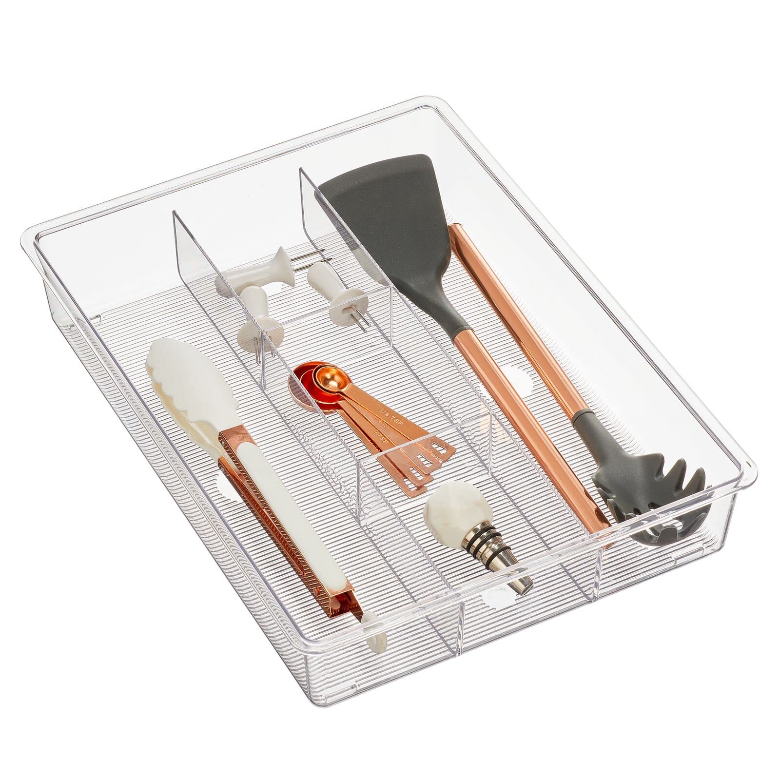 mDesign Plastic 6-Section Compact In-Drawer Utensil Storage Organizer Tray for Kitchen, Pantry; Holder for Silverware, Cutlery, Flatware, Large & Small Utensils, Spoon, Fork - Ligne Collection - Clear