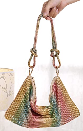 Women Chic Zipper Rhinestones Evening Bag Sparkly Purse Bag Crossbody Bag Hobo for Party Prom Work Daily Activities Large Size Rainbow