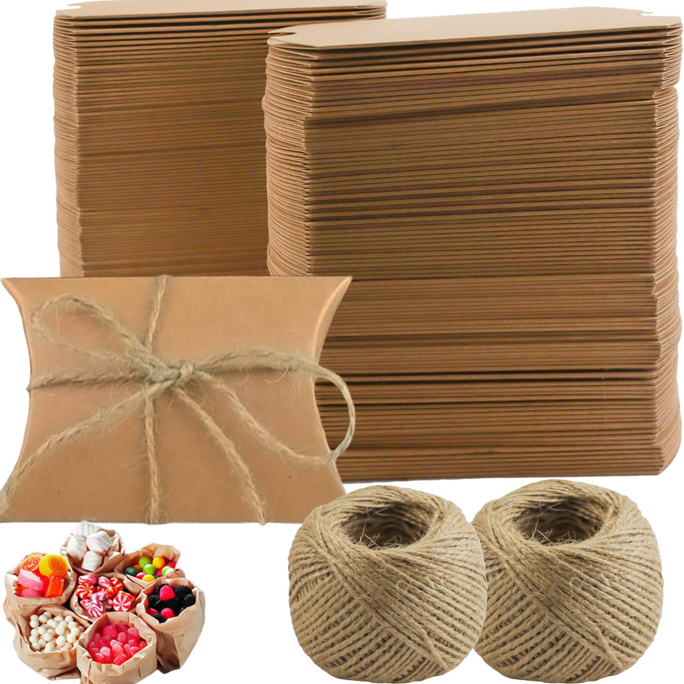 LeonBach 100 Pcs Pillow Boxes and 197 Ft Jute Rope, Jewelry Packaging Supplies Earring Boxes Wedding Favors Boxes Pillow Mini Gift Boxes