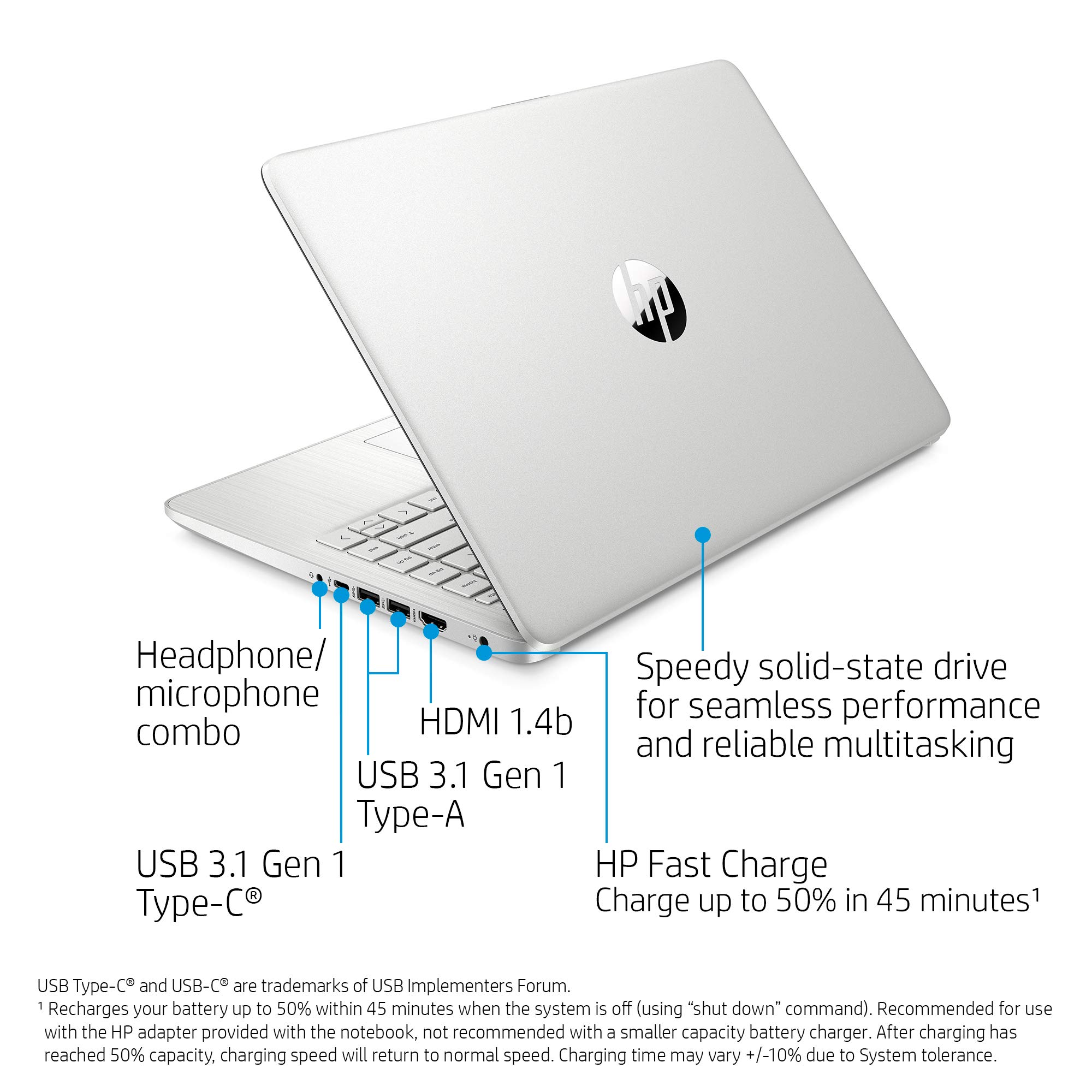 HP 14-inch Laptop, Intel Core i3-1005G1, 4 GB RAM, 128 GB SSD Storage, Windows 10 Home in S Mode (14-dq1020nr, Natural Silver)